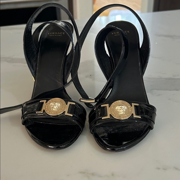 Versace | Shoes | Versace Black Heels With Gold Medallion | Poshmark